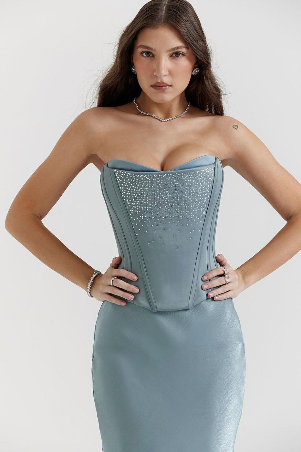 House Of CB Corsets | Nastassia Cool Blue Embellished Satin Corset ...